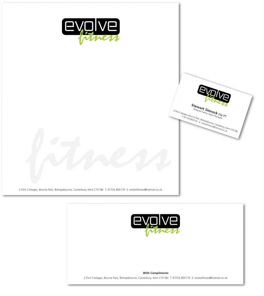 Evolve Fitness : Concept, Artwork, for Logo and Stationery. Geoff Strange